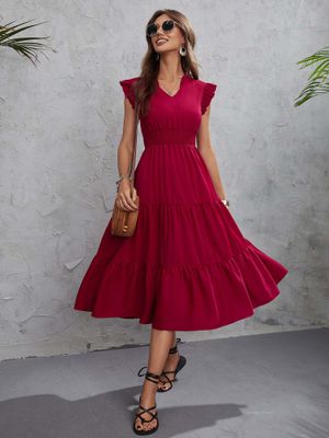 Buy Outzidr Red Waist Smocking Tiered Vacay Dress Online