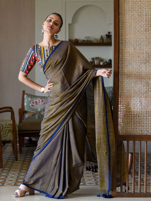 Buy Suta Brown Cotton Blend Solid Saree Online