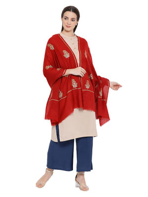 Buy Shingora Red Pure Wool Embroidered Women Fringed Shawl Online