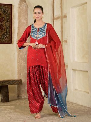 Buy Maive Maroon Hand Embroidery Farsi Kurta with Salwar and Dupatta ...