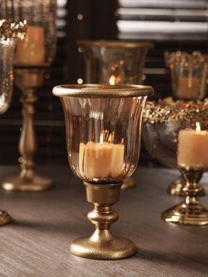 Buy Pure Home + Living Amber & Gold Glass Hammered Hurricane with Stand ...