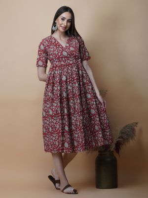 Buy GULAB CHAND TRENDS Red Hand Block Printed V-neck Midi Dress In ...