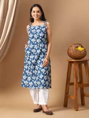 Buy Laado Pure Cotton Blue White Floral Straps Kurta Online