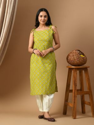 Buy Laado Pure Cotton Mehandi Green White Booti Straps Kurta Online