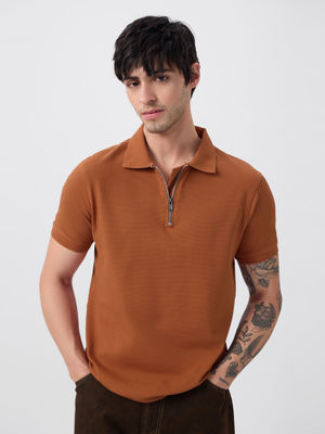 Buy The Souled Store Originals Solids- Rust Orange Zipper Polo T-Shirt ...