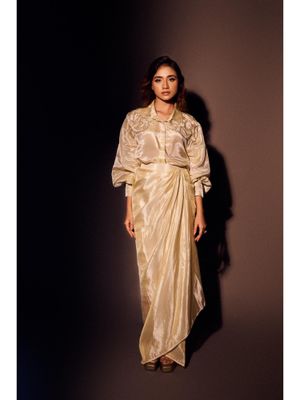 Buy Weaving Cult Gold Tissue Embellished Shirt With Drape Skirt (Set of ...