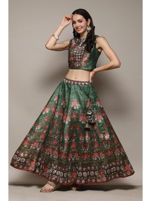 Buy Biba Women Cotton Blend Printed Top and Lehengas - Green (Set of 2 ...