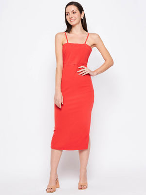 Buy CAMLA Women Red Polyester Solid Midi Dress Online