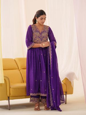 Buy Gahan Raw Silk Festive Heavy Yoke Embroidered Purple Anarkali Pant & Dupatta (Set of 3) (S ...