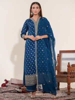 Buy Gahan Raw Silk Festive Embroidered Embellished Navy Blue Kurta ...