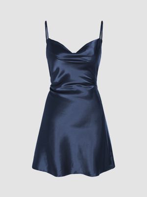 Buy Cider Solid Satin Cowl Neck Cami Mini Dress (Set Of 2) Online