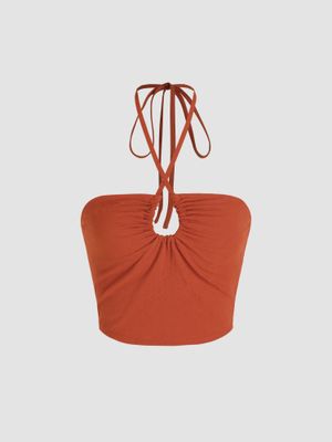 Buy Cider Cross Halter Knotted Shirred Crop Tank Top Online