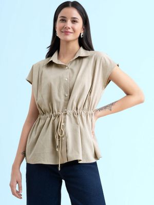 Buy FABLE STREET Linen Drawstring Shirt - Beige Online