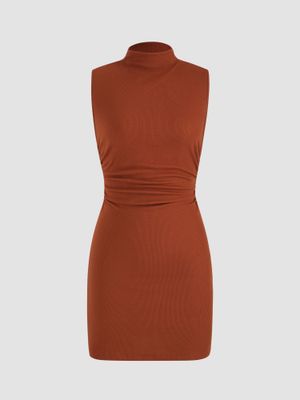 Buy Cider Solid High Neck Ruched Mini Dress Online