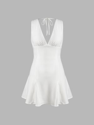 Buy Cider Plunging Neck Ruffle Knotted Mini Dress Online