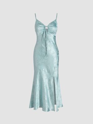 Buy Cider Satin Floral Knotted Ruffle Split Midi Dress Online