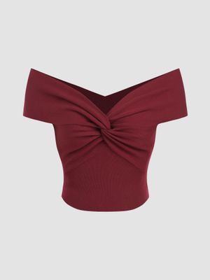 Buy Cider Knit Off Shoulder Solid Twist Short Sleeve Top Online