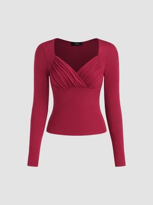 Buy Cider V Neck Solid Ruched Long Sleeve Tee Online