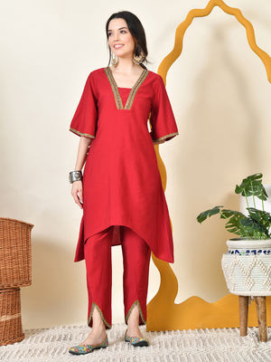 Buy MYSHKA Red Solid V-Neck Bell Sleeves Kurta and Dhoti Pants Online