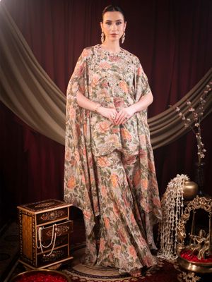 Buy Sainy Garg Couture Beige Aurora Sharara with Top and Cape (Set of 3 ...