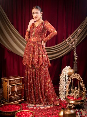 Buy Sainy Garg Couture Maroon Nandini Sharara with Kurti (Set of 2) (XS ...