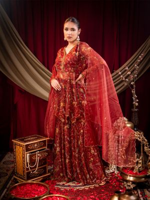 Buy Sainy Garg Couture Maroon Vrinda Sharara with Kurti and Dupatta ...