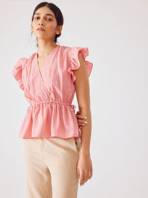 Buy The Label Life Coral Ruffle Sleeve Peplum Top Online