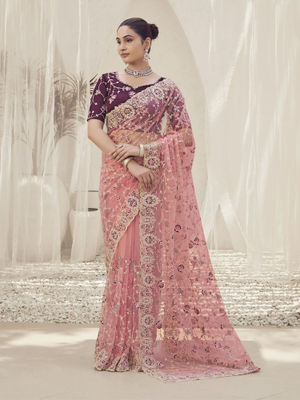 Buy Odette Women Pink Embroidered Sequined Stone Work Net Saree with ...