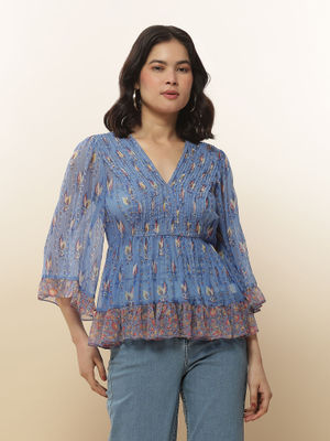 Buy Label Ritu Kumar Blue Botanic Print Top Online
