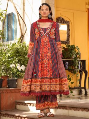 Buy Rust Cotton Ikat Printed Alia Cut Anarkali Kurta With Pant ...