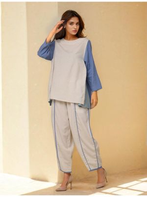 Buy Dora Dori Off White Cotton Linen Round Neck Top with Pant (Set of 2 ...
