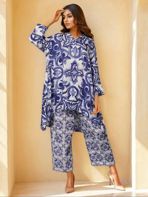 Buy Dora Dori White Muslin Silk Collar Neck Tunic with Pant (Set of 2 ...