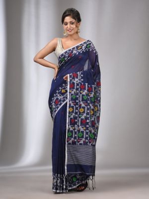 Buy CHARUKRITI Navy Blue Cotton Handwoven Soft Saree with Jamdani ...