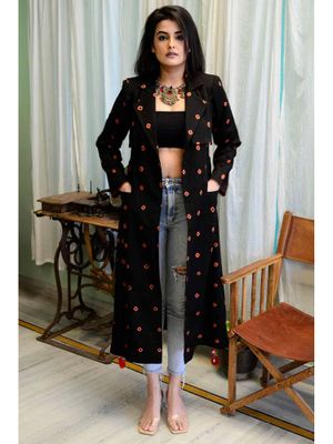 Aapro Label Ethnic Jackets : Buy Aapro Label Black Bandhej Trench ...