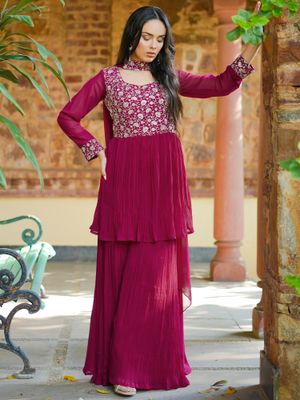 Buy Libas Pink Floral Embroidered Georgette Short Kurta with Sharara ...