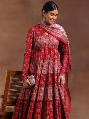 Buy Libas Pink Floral Printed Anarkali Kurta and Churidar with Dupatta ...