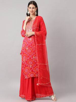 Buy Divena Red Chinon Hand Embroidery Kurta Sharara with Chiffon ...