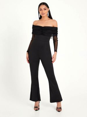Buy Styli Black Off Shoulder Mesh Insert Wide Leg Jumpsuit (L) Online