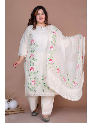 Buy Miravan Women's Plus Size Cream Cotton Pakistani Kurta & Pant with ...