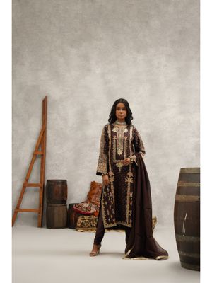 Buy Kapda Dori Brown Embroidered Kurta with Churidar and Dupatta (Set ...