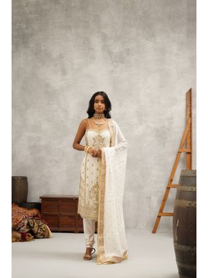 Buy Kapda Dori Ivory Embroidered Kurta with Churidar and Dupatta (Set ...