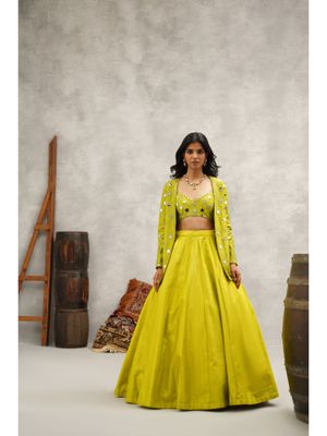 Buy Kapda Dori Lime Green Mirror Work Blouse with Jacket and Lehenga ...