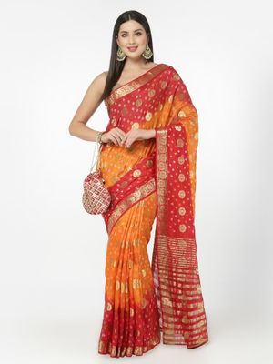 Buy KISHORI Women Silk Bandhani and Zari Weaving Saree with Unstitched Blouse - Red & Orange Online