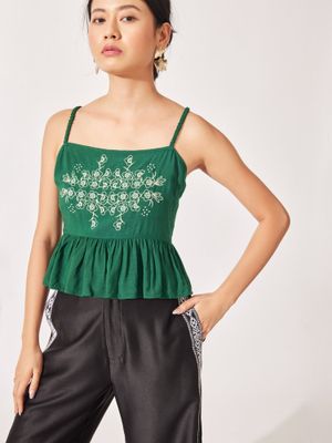 Buy The Label Life Green Embroidered Peplum Cami Online