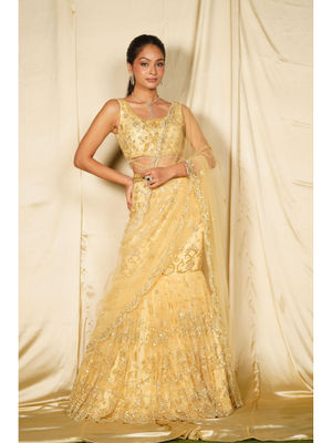 Buy MEHAK MURPANA Gold Embroidered Fish Cut Lehenga with Blouse and ...