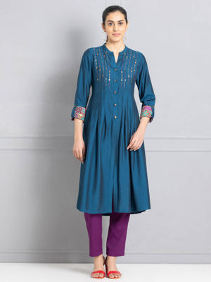Buy SHAYE Band Collar Teal Embellished Long Sleeves Ethnic Kurta for ...