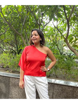 Buy Label Tanvee Red Solid One Shoulder Top (S) Online
