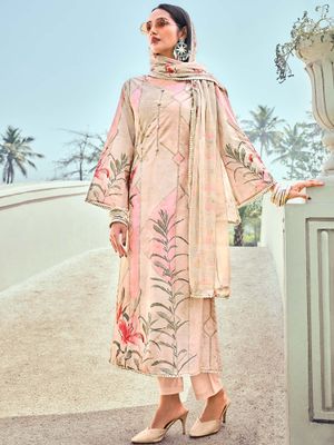 Buy Stylee LIFESTYLE Cream Cotton Digital Printed Dress Material (Set ...