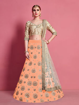 Buy Odette Orange Embroidered Semi Stitched Lehenga with Unstitched ...