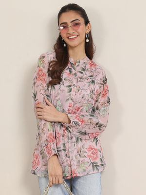 Buy Libas Pink Floral Printed Front Open Shirt (L) Online